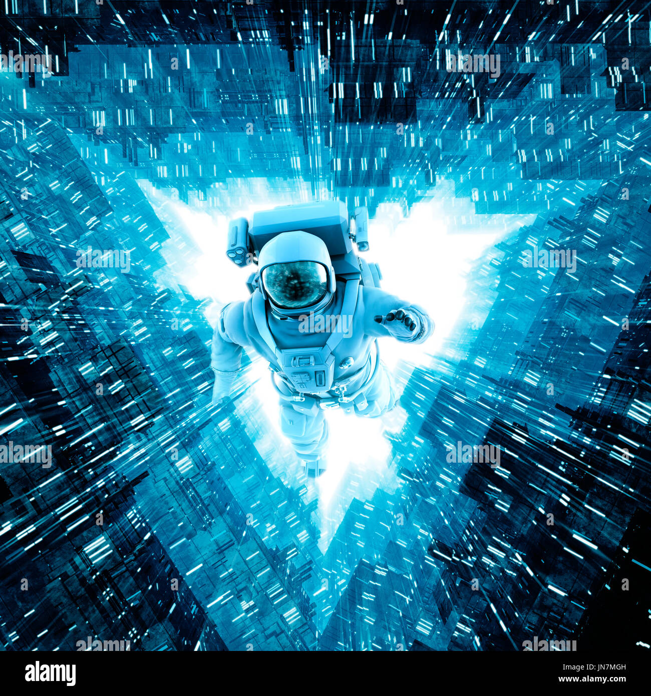 Diving into the core / 3D illustration of astronaut floating along ...