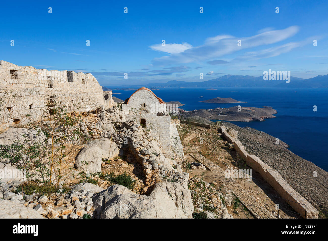 View of Rhodes from castle on Halki island in Dodecanese archipelago ...