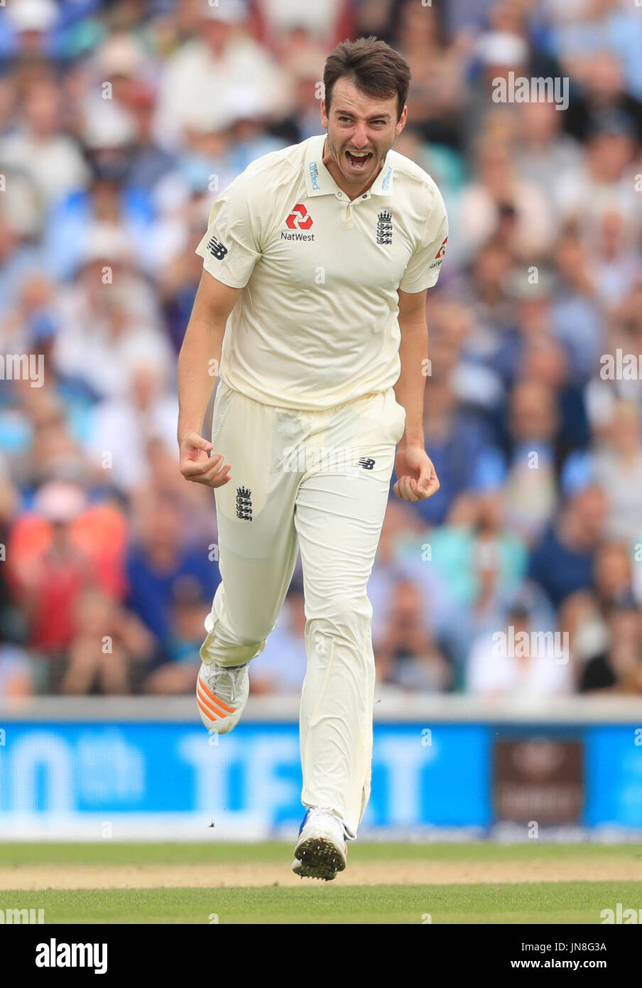 England's Toby Roland-Jones celebrates taking his fifth wicket of South ...
