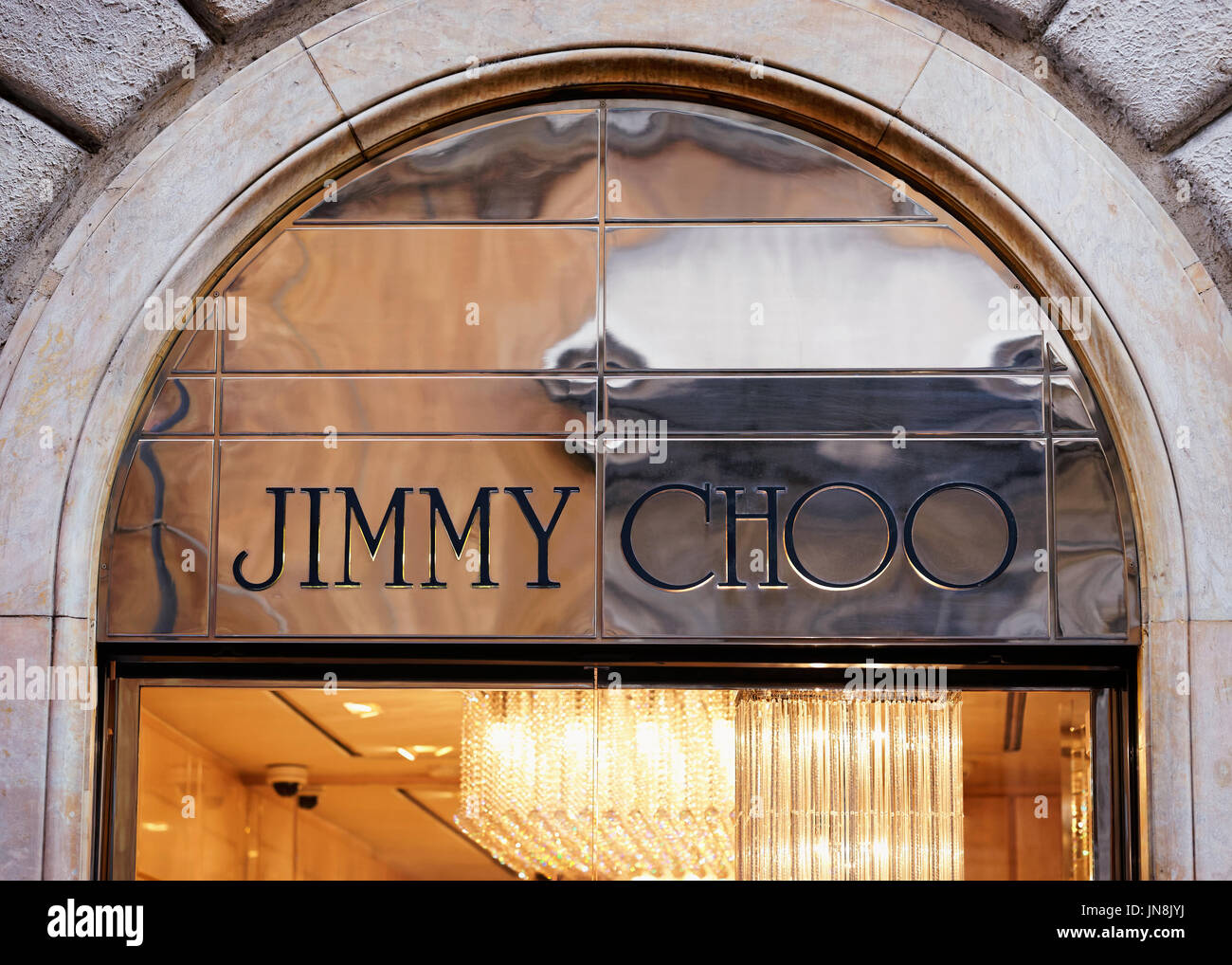 Rome, Italy - October 14, 2016: Jimmy Choo Sign of street shop window ...