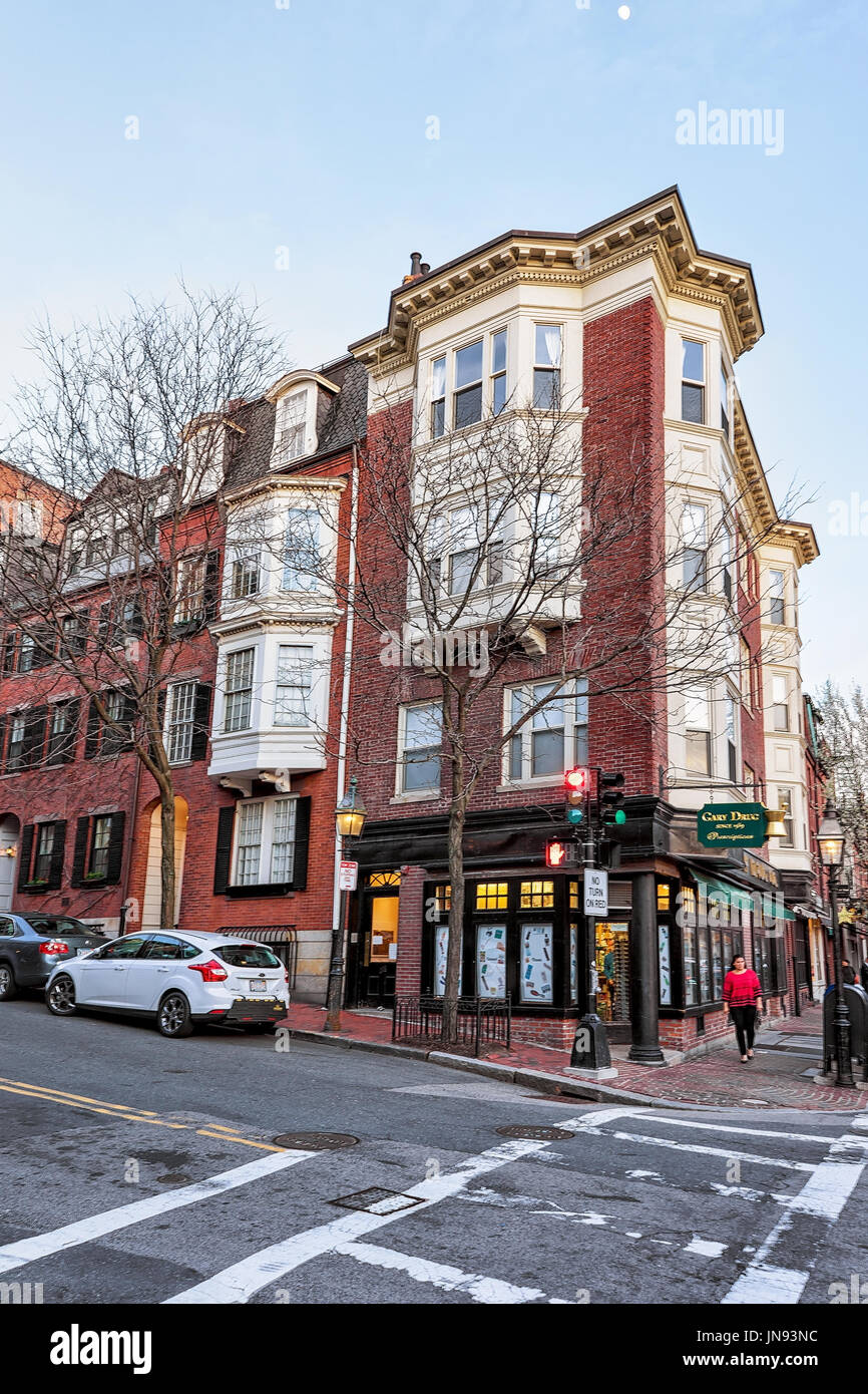 Boston, USA - April 29, 2015: Road at Charles Street at downtown Boston ...