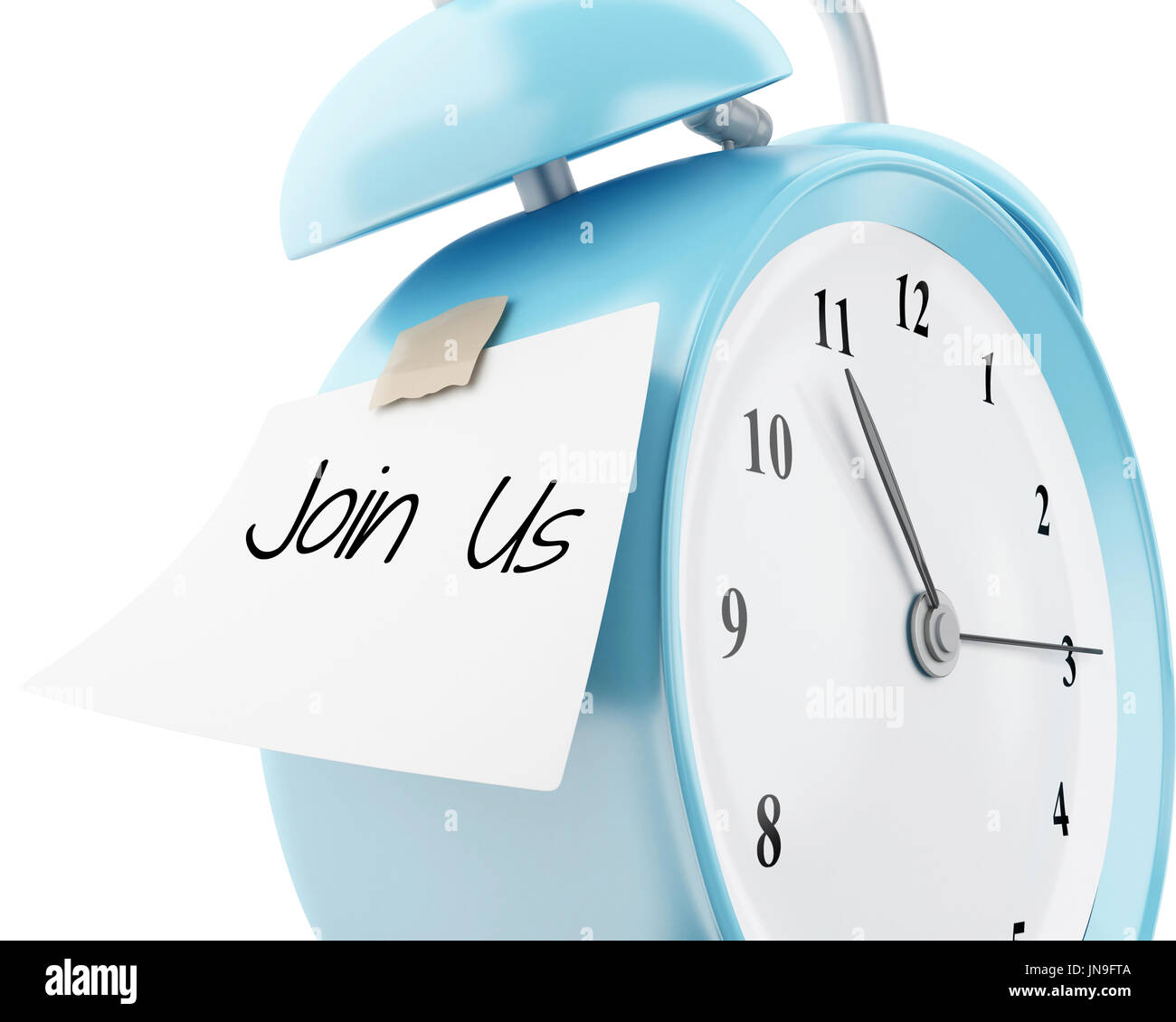 3d illustration. Alarm clock with sticky paper written "join us ...