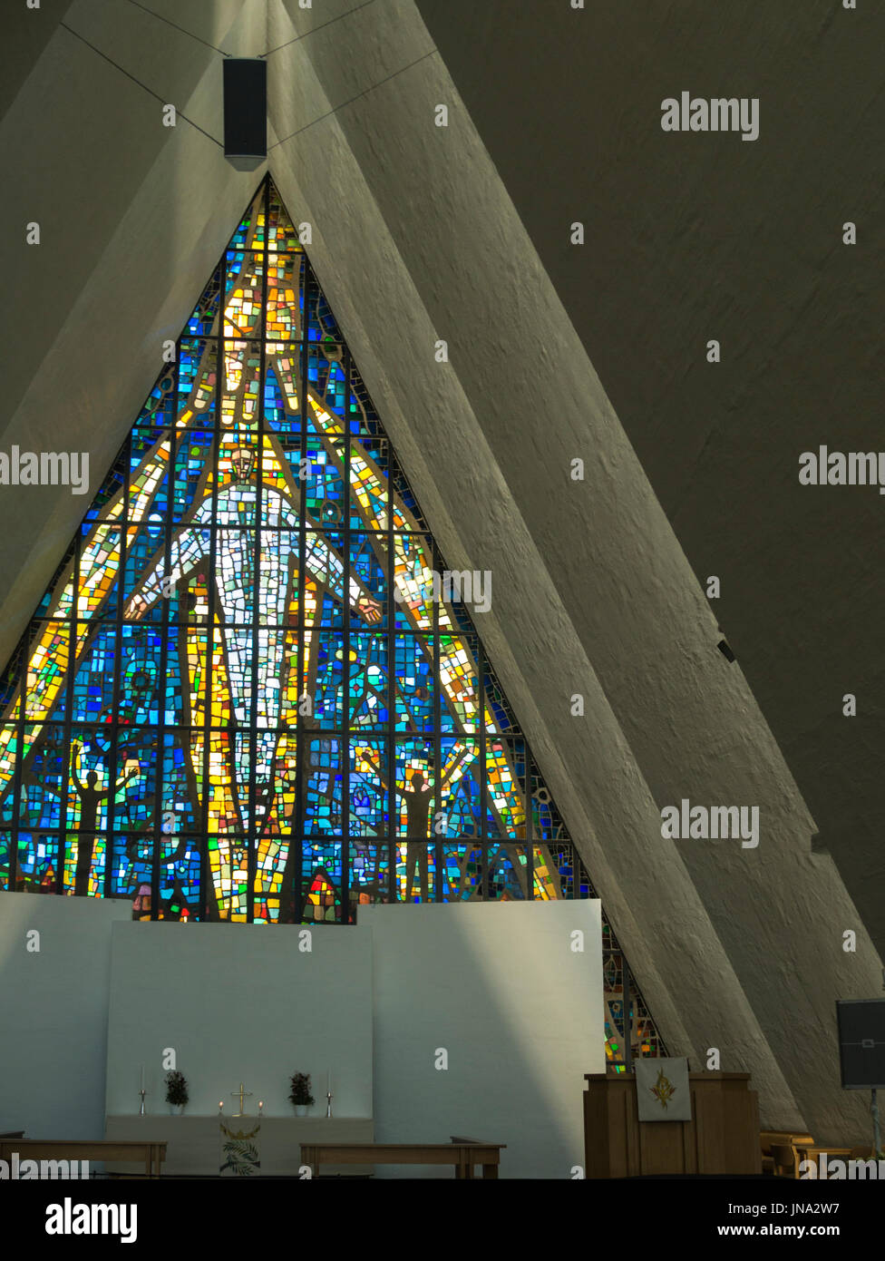 Altar and stained glass window Arctic Cathedral, dominates Tromso city ...