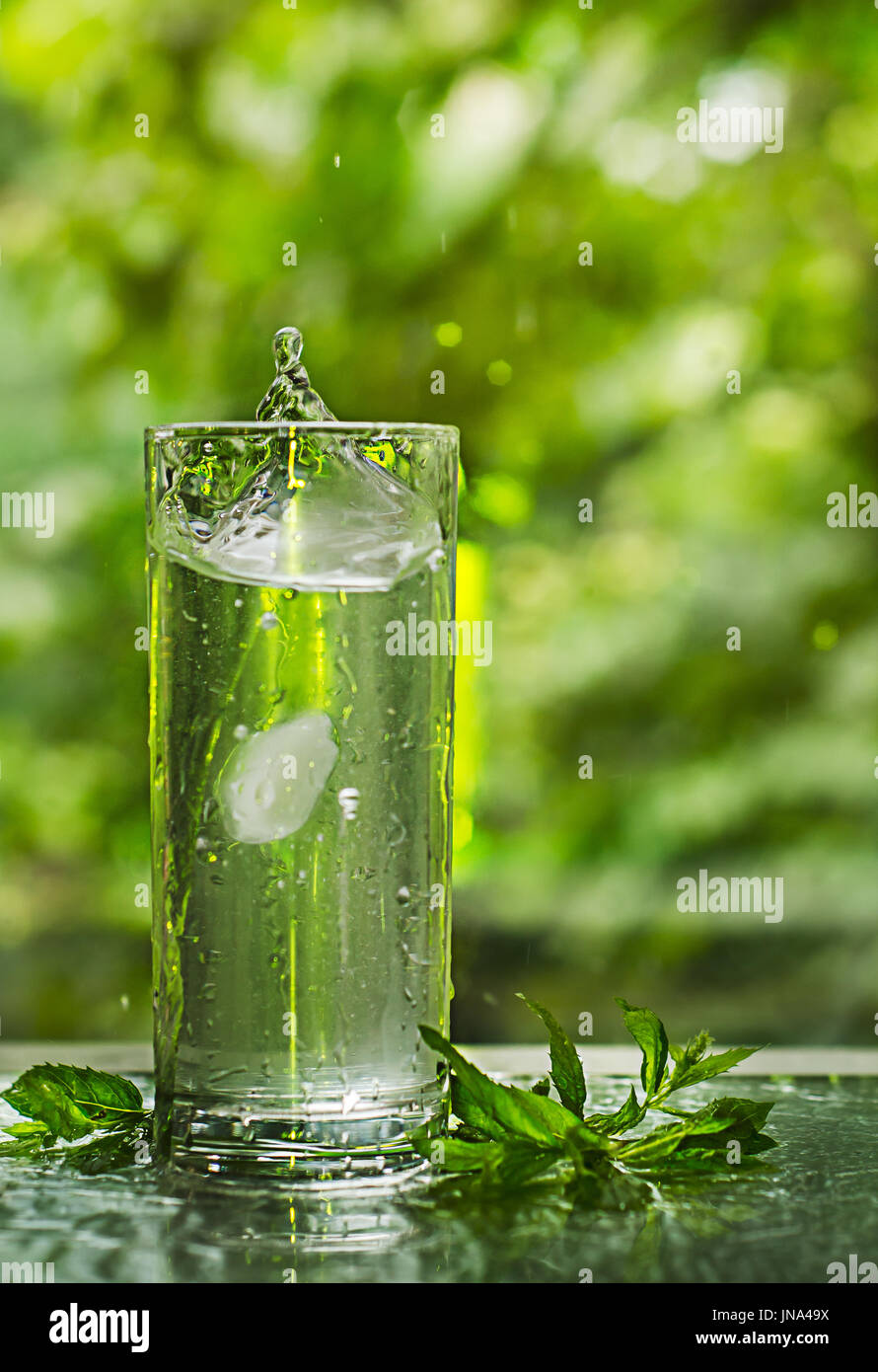 Cool fresh water with ice and mint. Splash in glass. Healthy life ...
