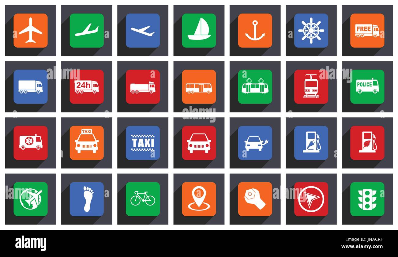 Transportation flat design vector icons. Set of airplanes, cars, trains ...