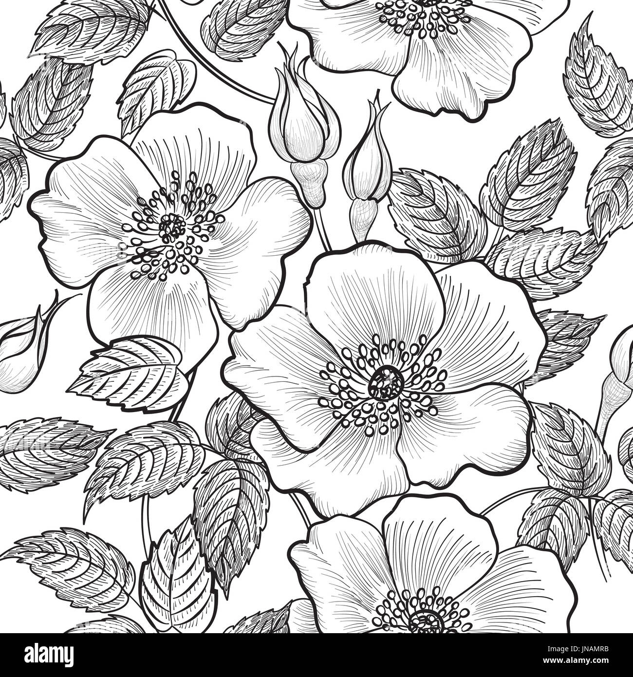 Floral seamless pattern. Flower silhouette black and white background ...