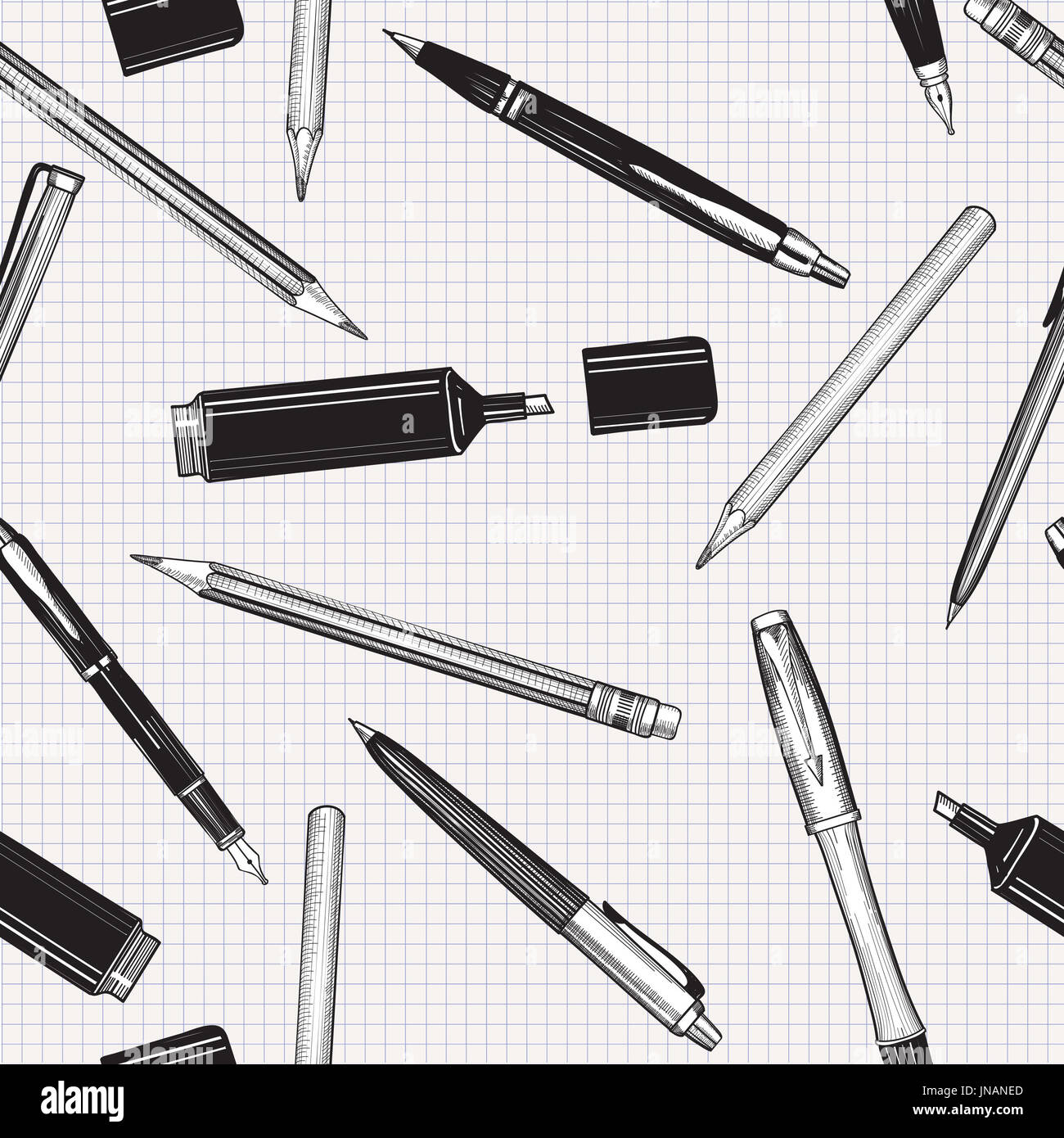 Pen set seamless pattern. Hand drawn vector. Pencils, pens and marker ...