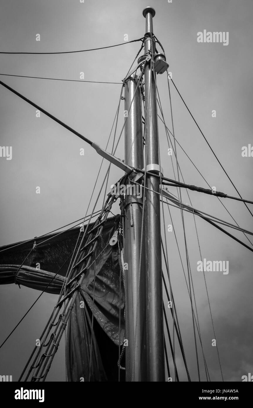 19 July 2017. A black and white portrait image of Thames Barge Masthead ...