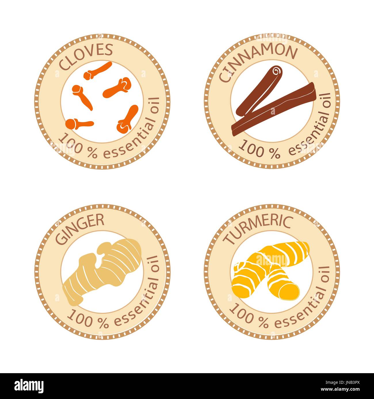 Set of flat essential oil labels. 100 percent. Cloves, cinnamon, ginger ...