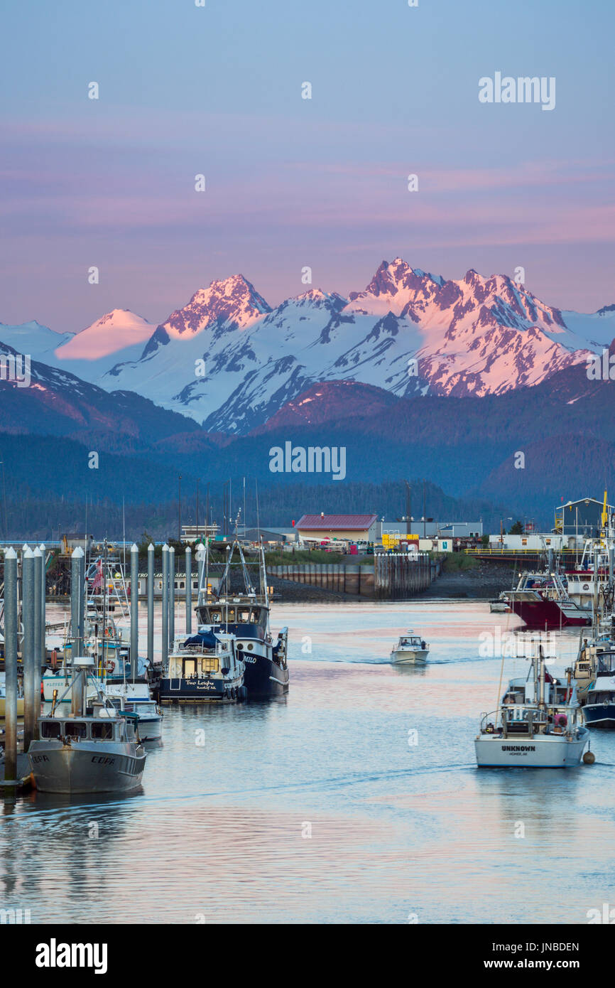 The harbor of Homer at sunset, Homer Spit, Homer, Kenai Peninsula ...