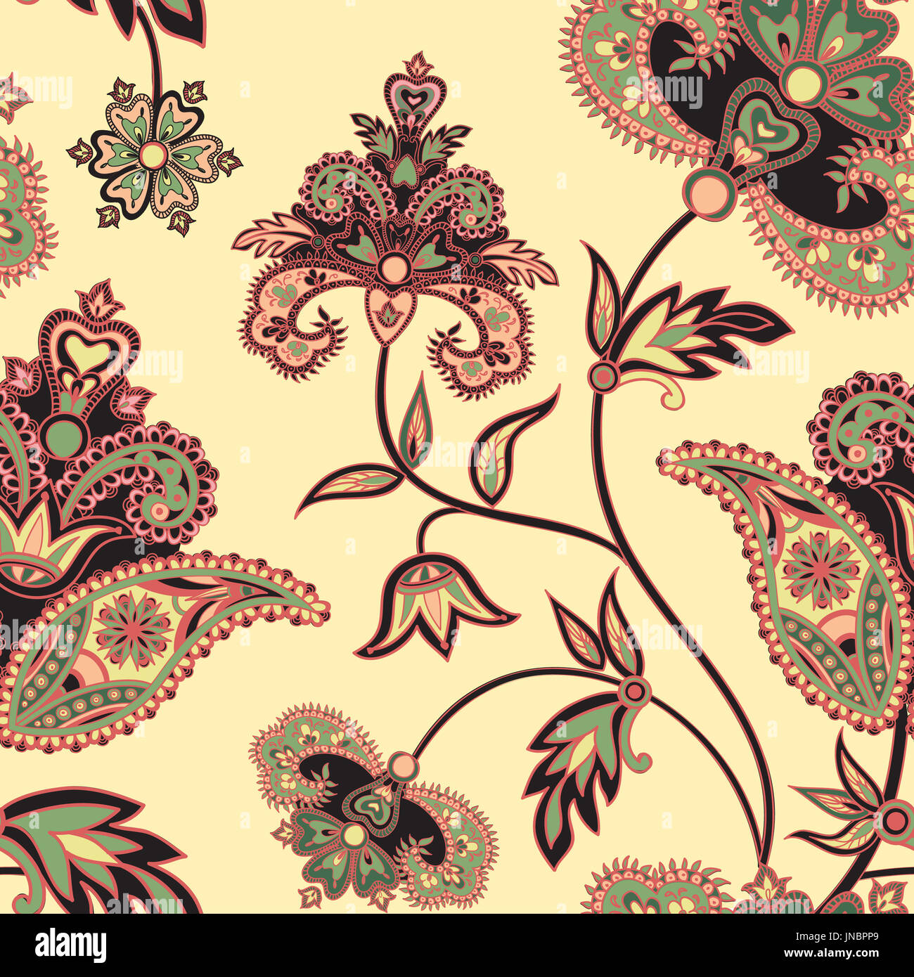 Flourish tiled pattern. Floral retro background. Curved tree branch ...