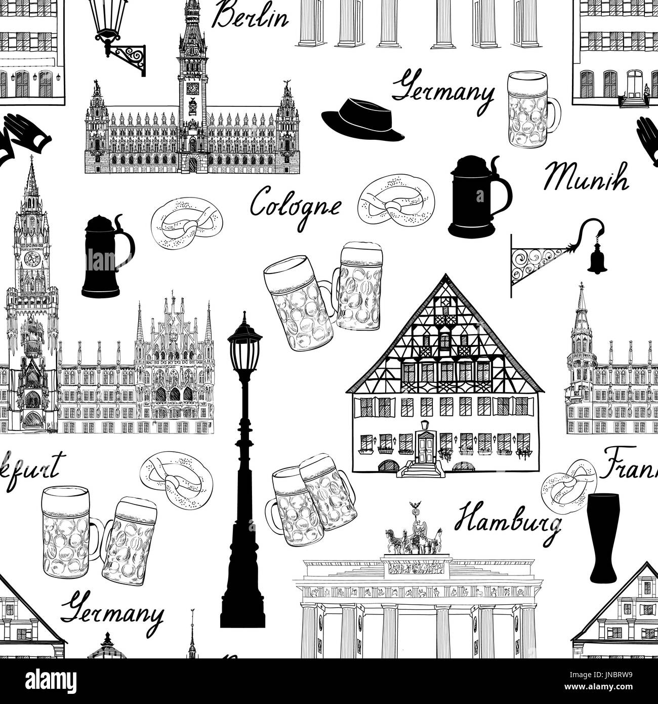 Travel seamlss pattern. Visit Germany background with sketch beer mugs ...