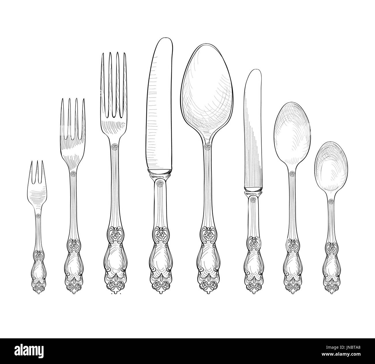 Table setting set. Fork, Knife, Spoon sketch set. Cutlery hand drawing ...