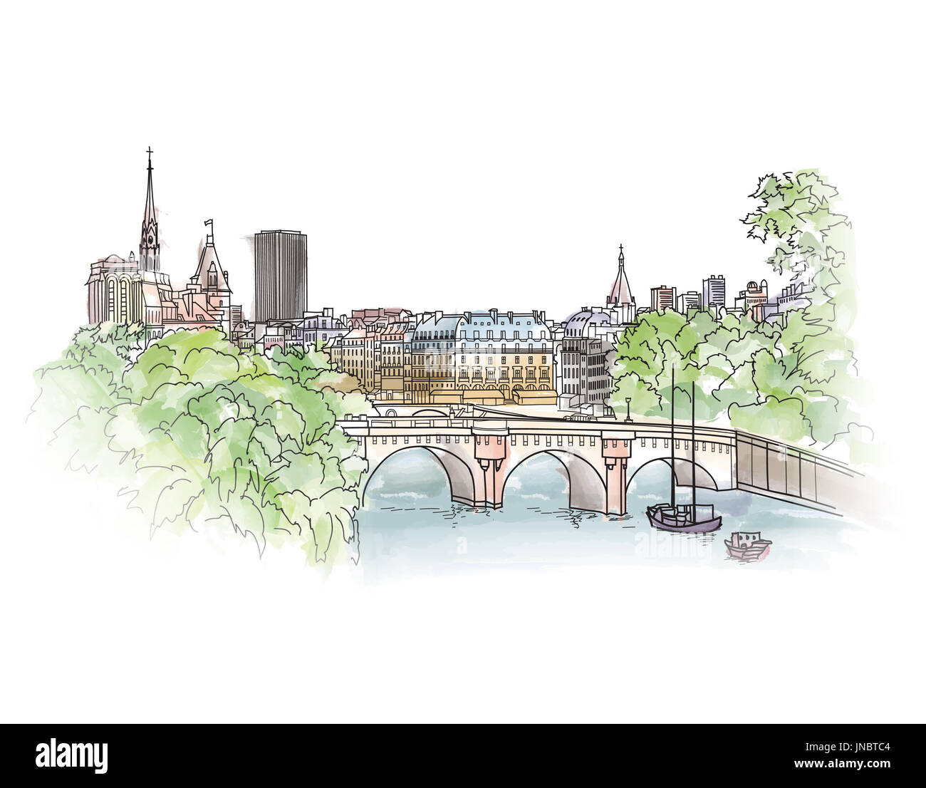 Paris cityscape with Seine embankment. Old city spring view. Street ...