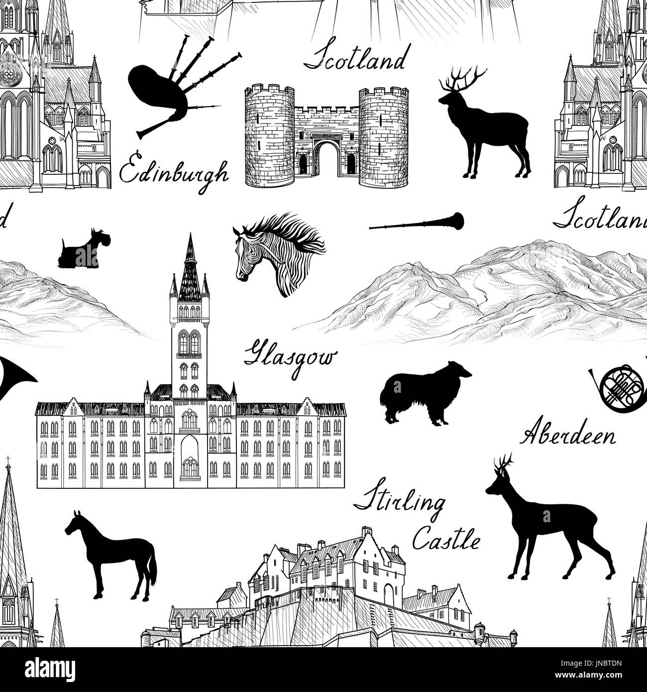 Travel Scotland famous cities landmark with handmade calligraphy ...