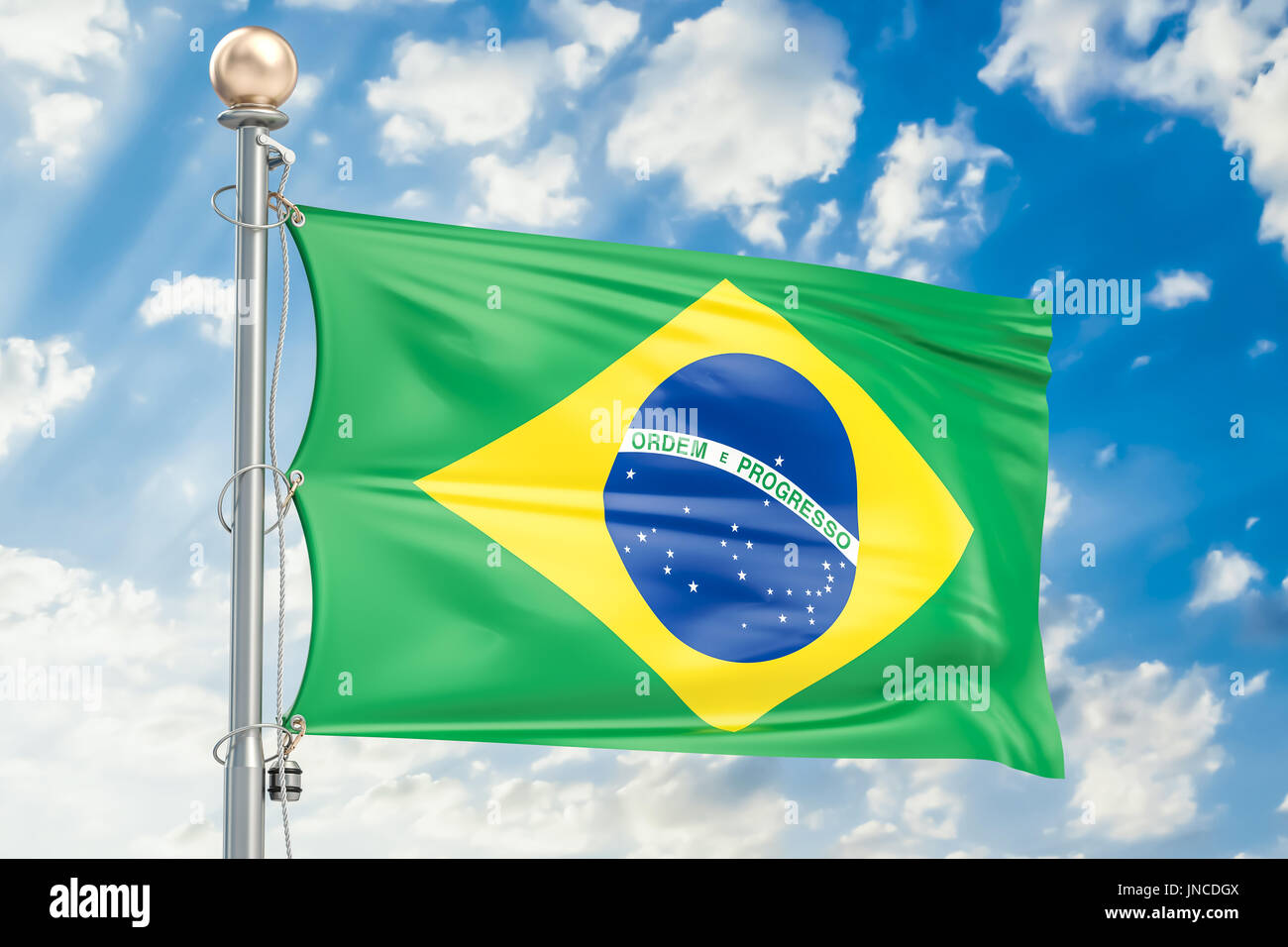 Brazilian flag waving in blue cloudy sky, 3D rendering Stock Photo - Alamy