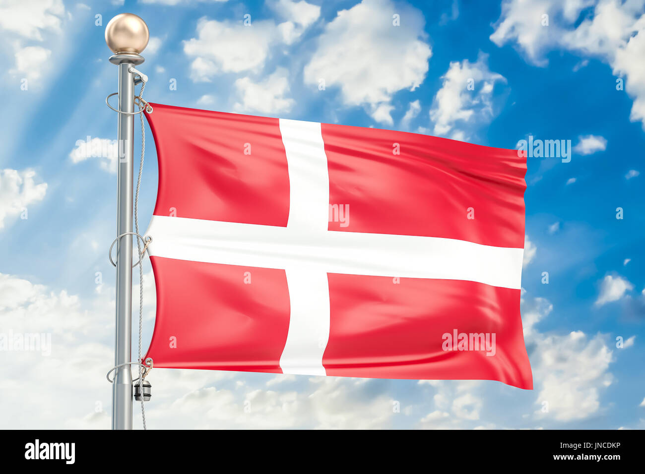 Danish flag waving in blue cloudy sky, 3D rendering Stock Photo - Alamy