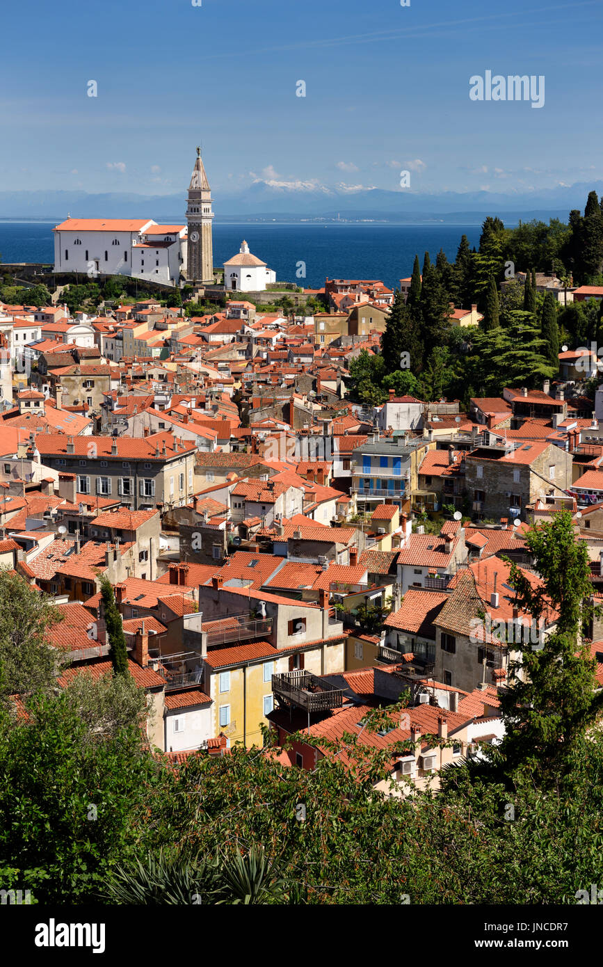 Aerial view of Piran Slovenia with St George's Cathedral on the Gulf of ...