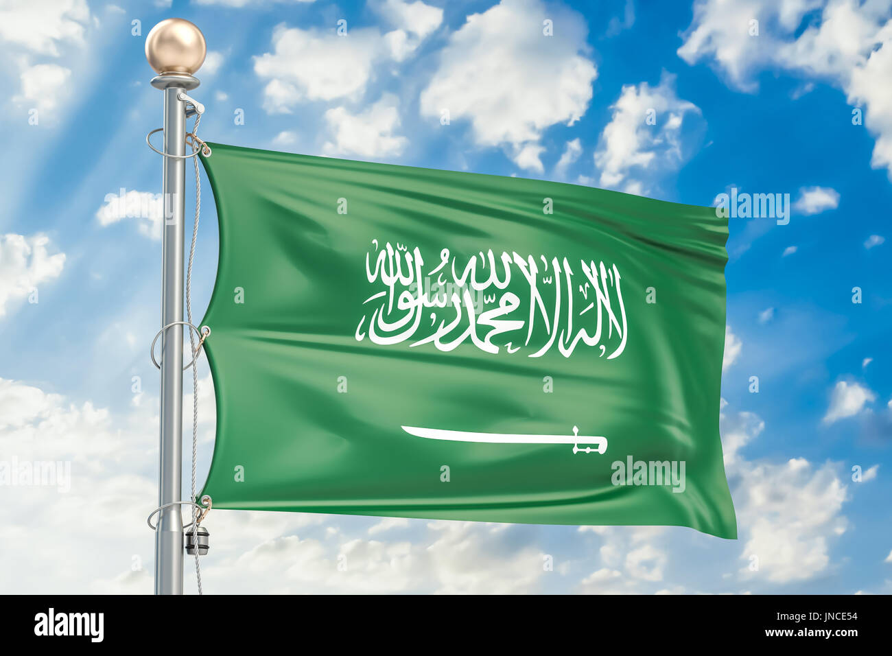 Saudi Arabia flag waving in blue cloudy sky, 3D rendering Stock Photo ...
