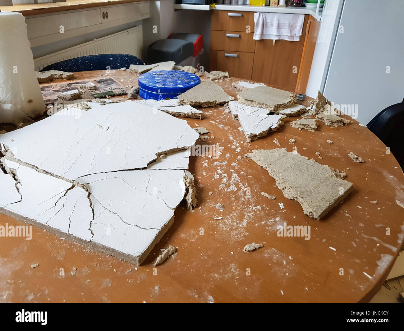 Ruined kitchen by collapsed ceiling Stock Photo - Alamy