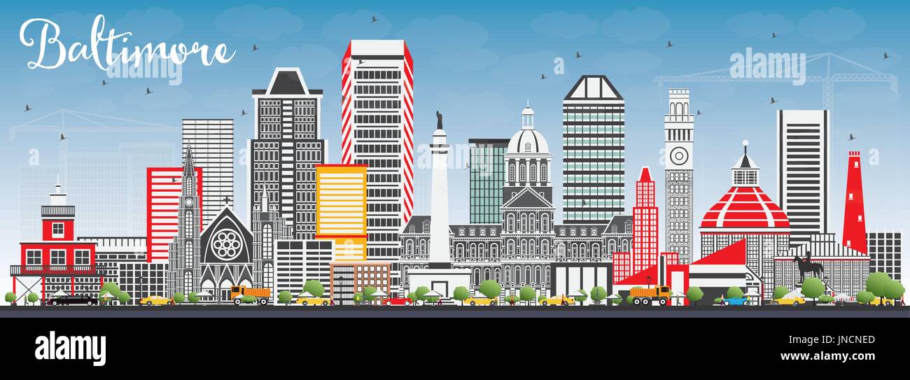 Baltimore Skyline with Gray Buildings and Blue Sky. Vector Illustration ...