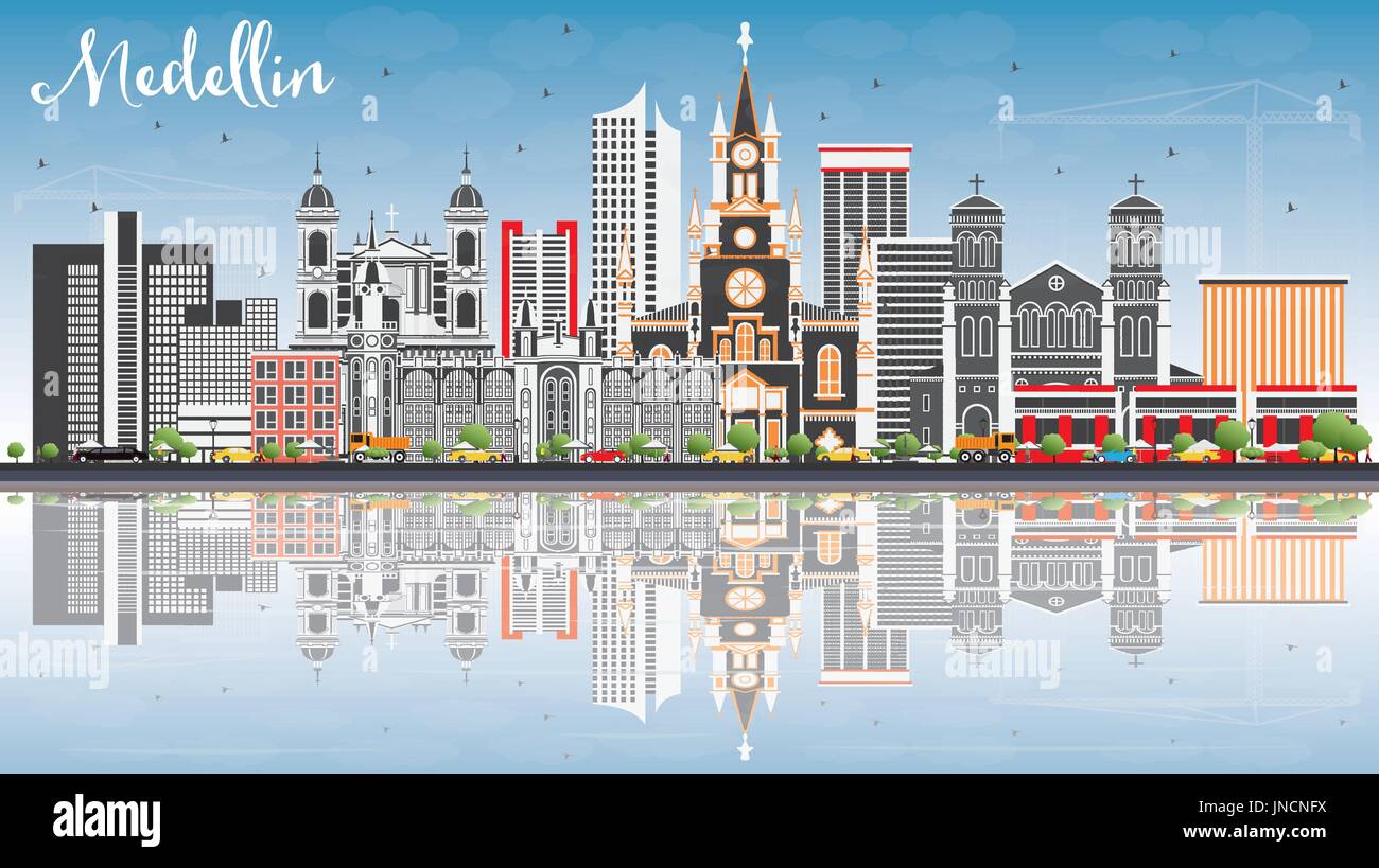 Medellin Skyline with Gray Buildings, Blue Sky and Reflections. Vector ...