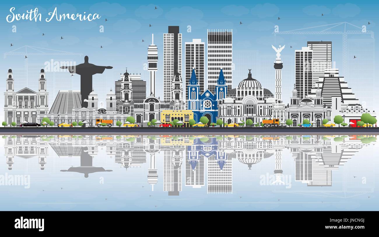 South America Skyline with Famous Landmarks and Reflections. Vector ...
