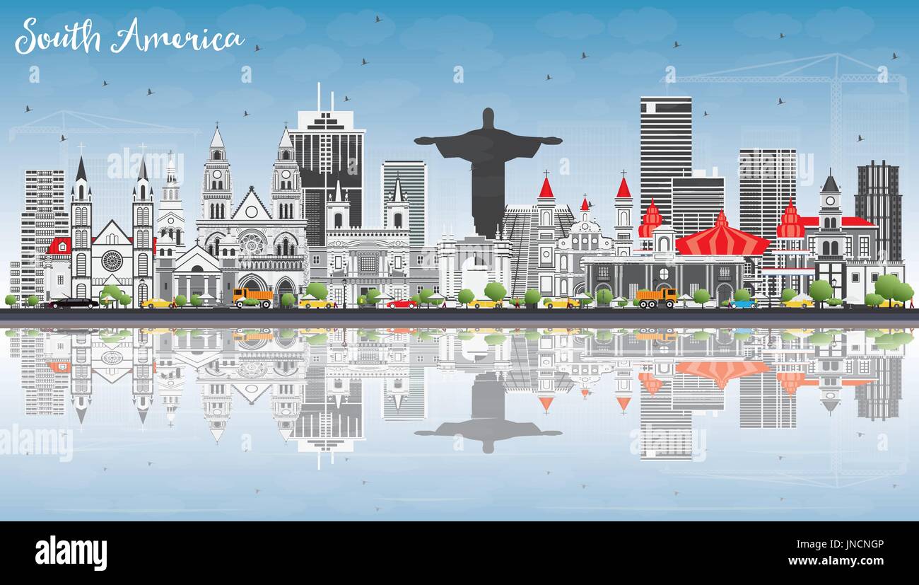 South America Skyline with Famous Landmarks and Reflections. Vector ...