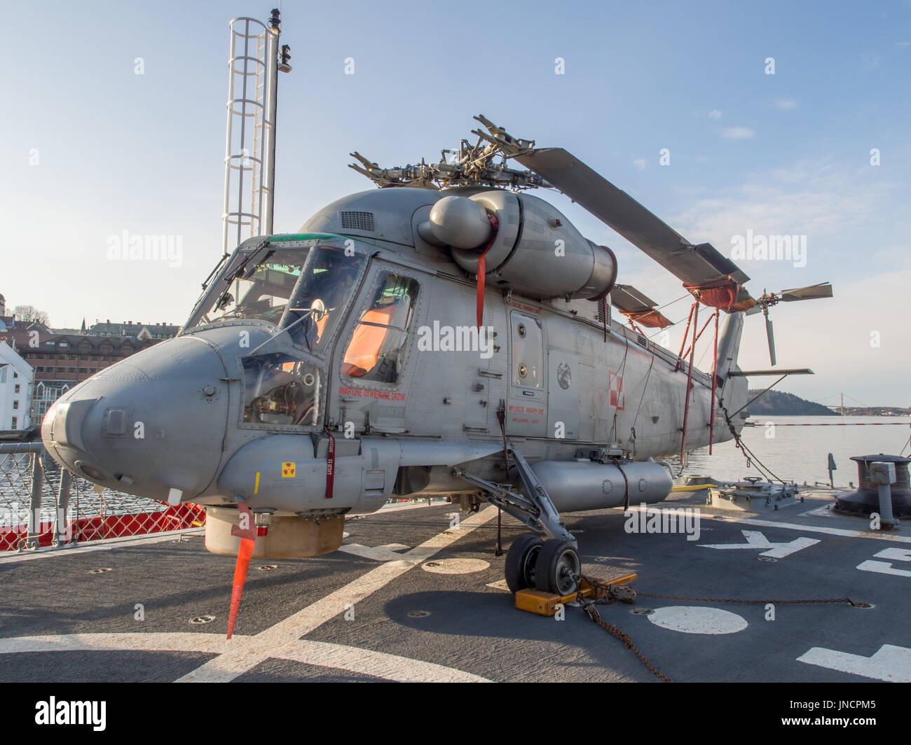 The helicopter aboard the Polish Navy warship in the port of Bergen ...