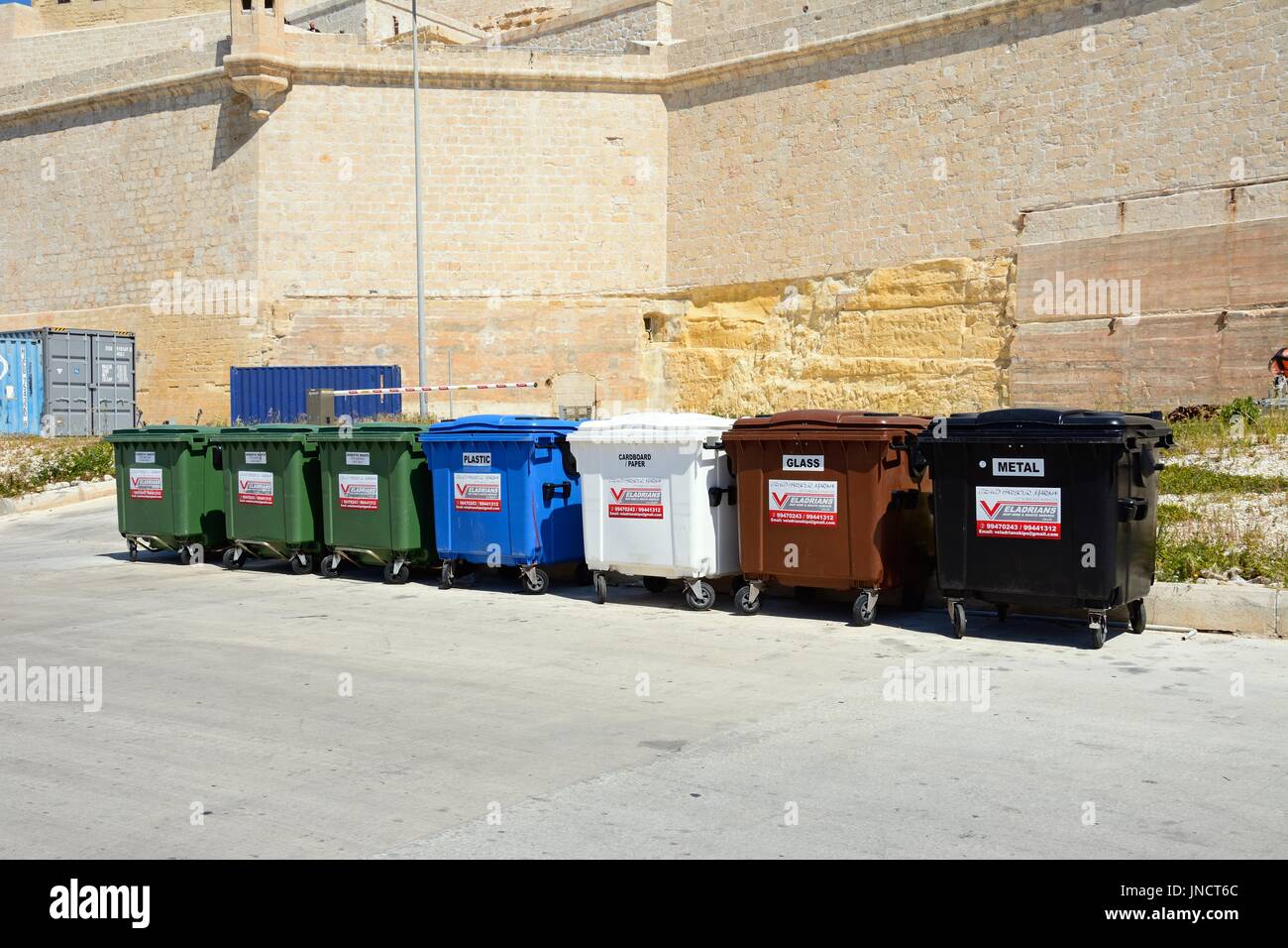 Seven recycling bins outside Fort Saint Angelo, Vittoriosa (Birgu ...