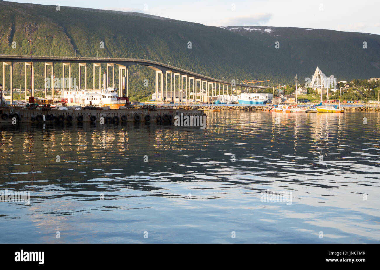 Arctic cathedral church and Tromso Bridge, city of Tromso, Norway Stock ...