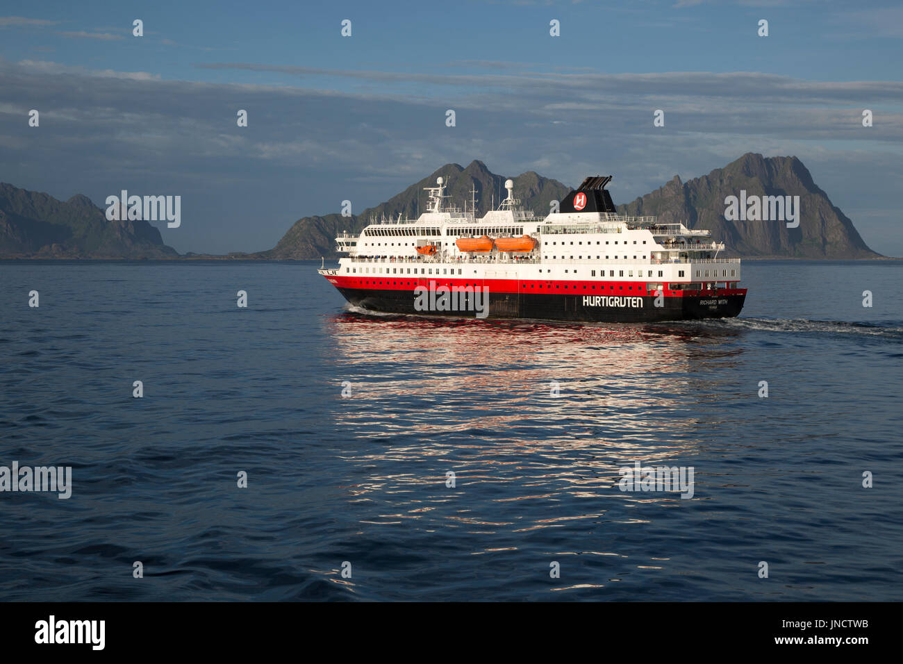 Hurtigruten Coastal Express ferry ship 'Richard With' at sea, Lofoten ...
