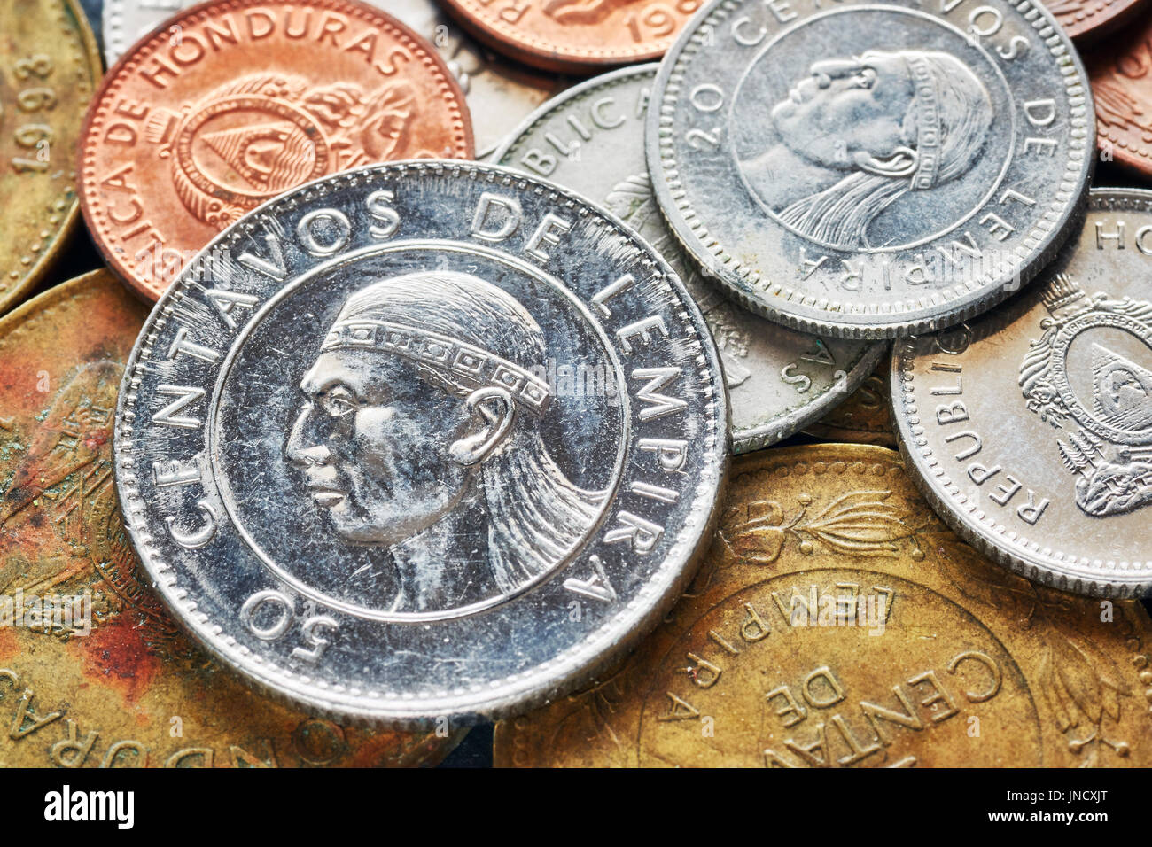 Close up picture of Honduran lempira coins, shallow depth of field ...
