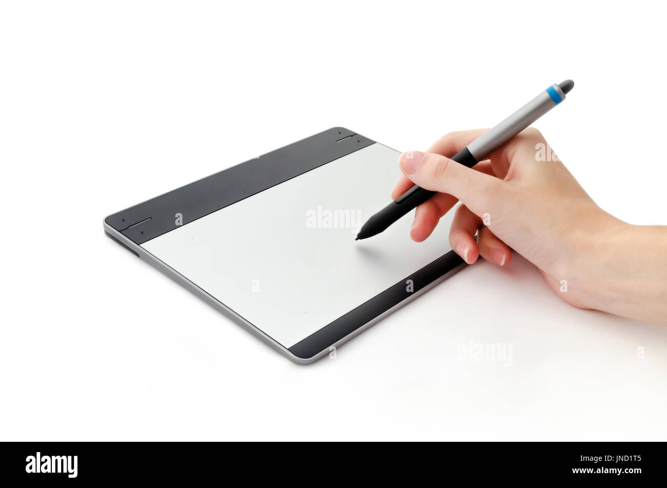 Human hand drawing on interactive graphics tablet isolated on white ...