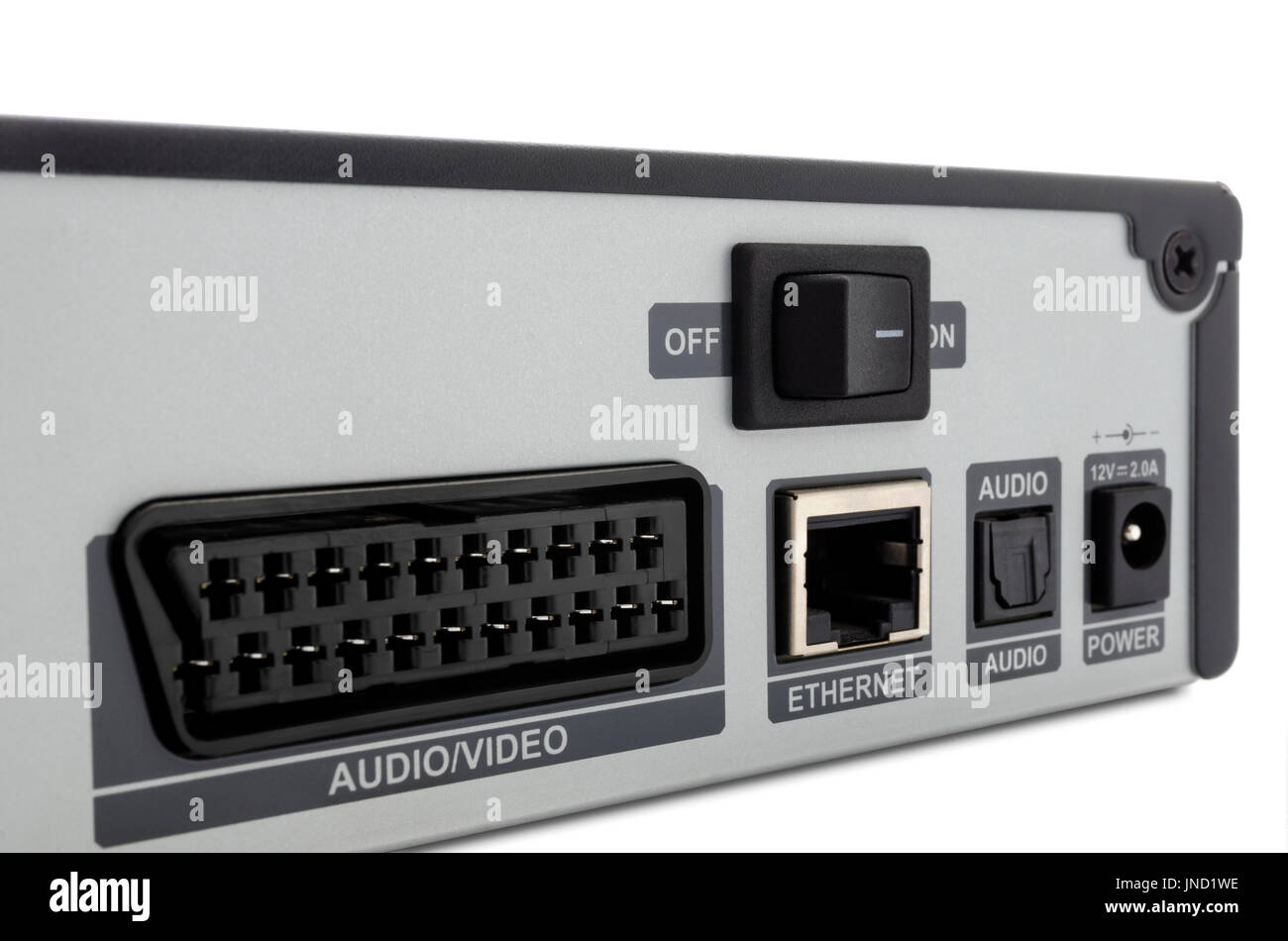 Back panel of multimedia digital receiver isolated on white background ...