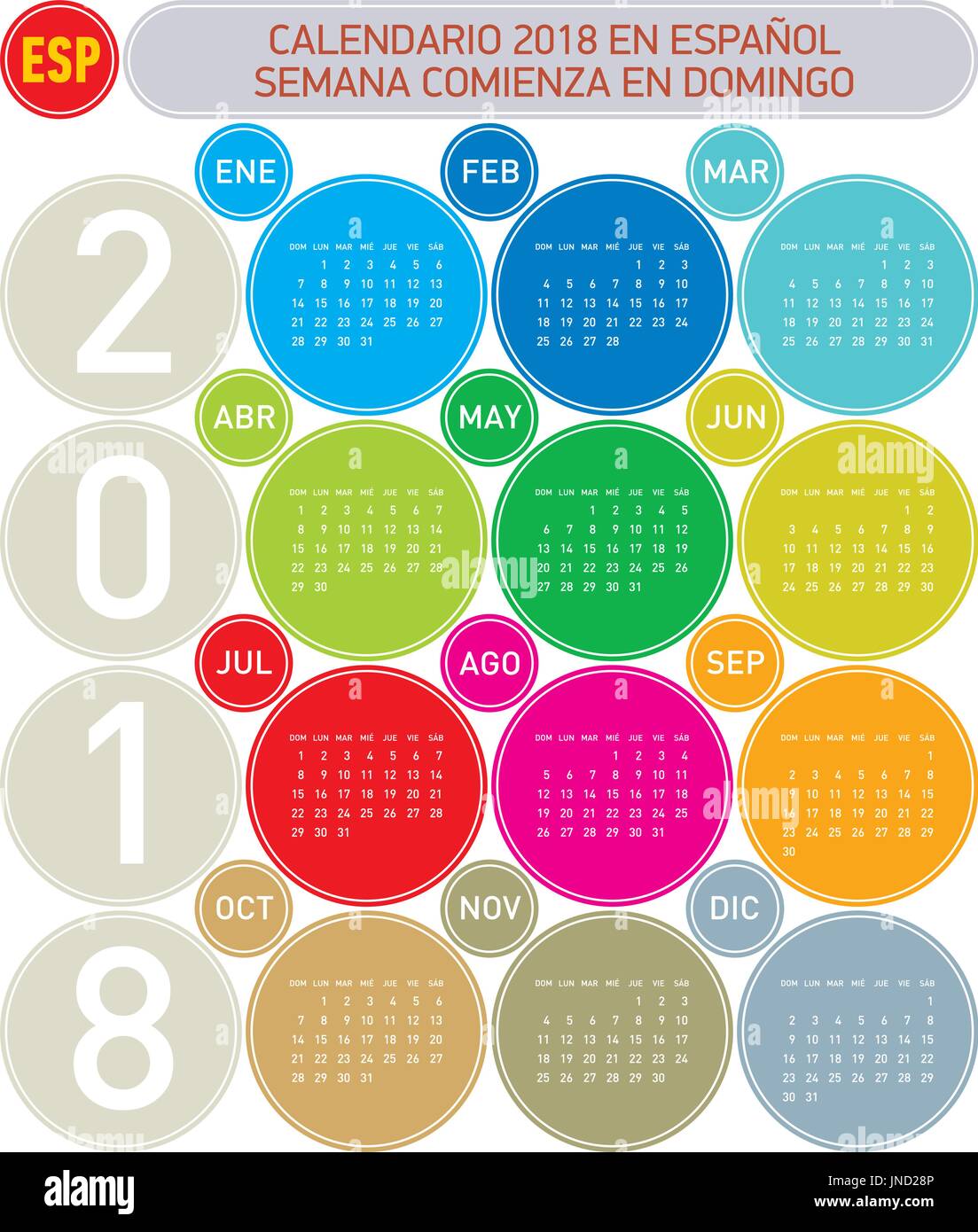 Colorful Calendar for Year 2018, in Spanish. Week starts on Sunday ...
