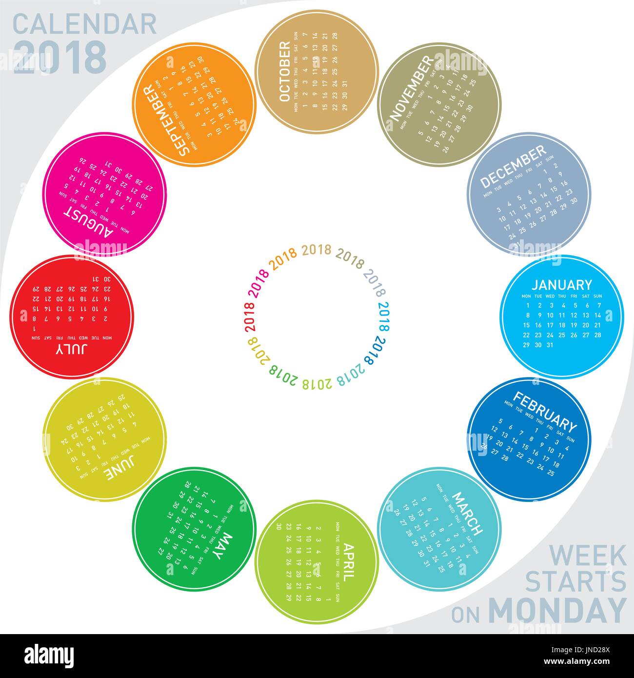 Colorful calendar for 2018. Circular design. Week starts on Monday ...