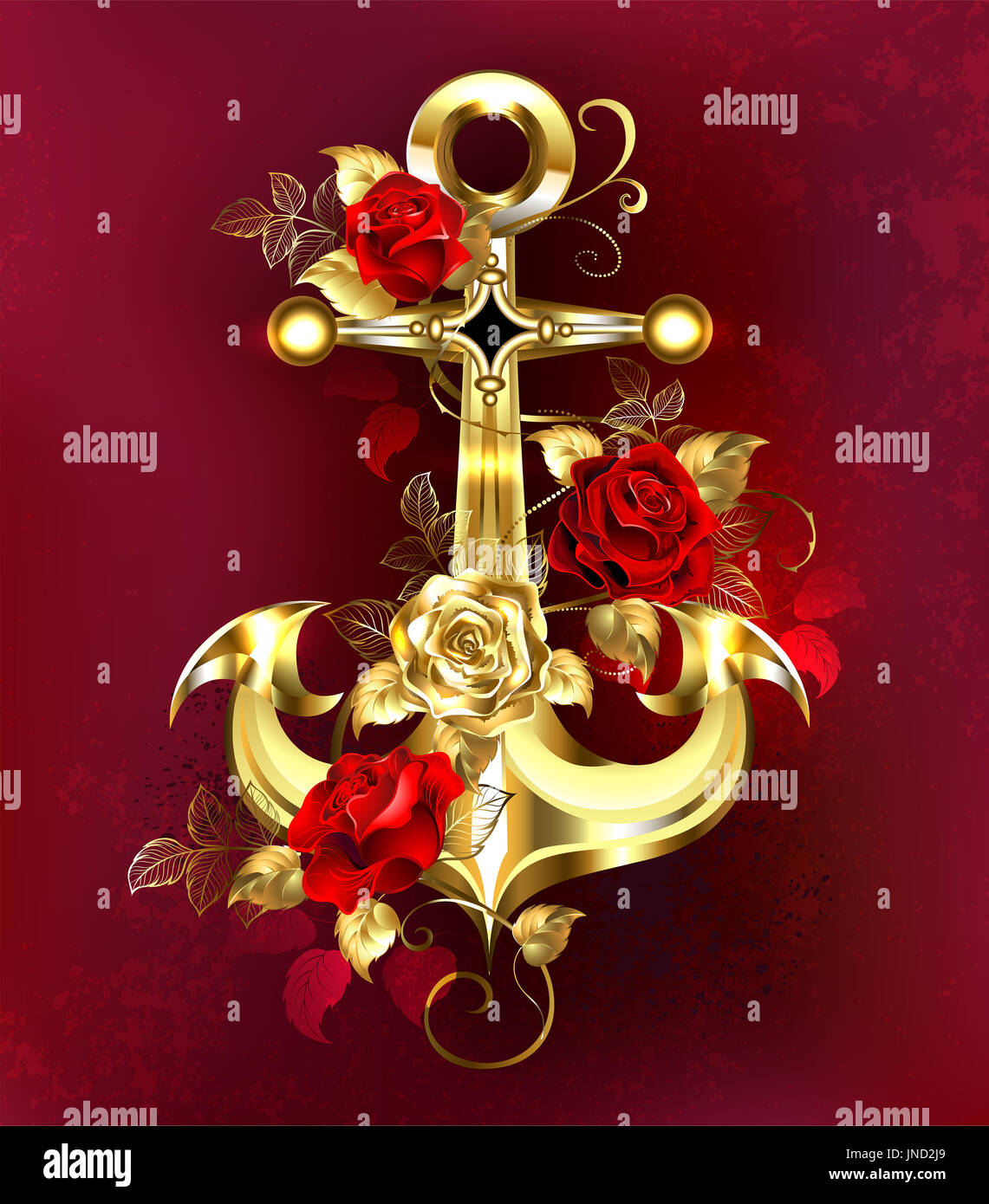 Gold, shiny jewelry anchor, wrapped in red and gold roses with golden ...