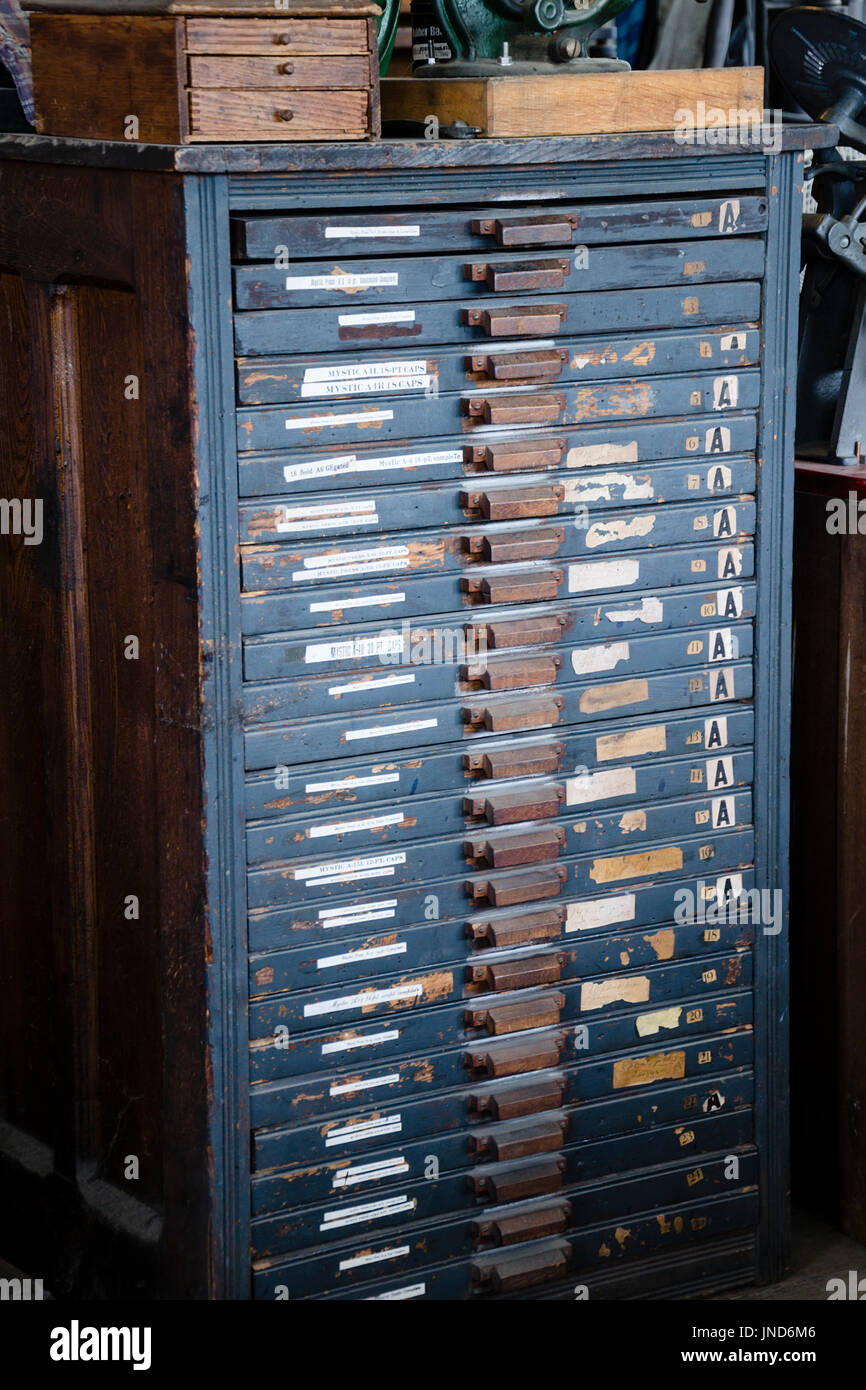 Black antique stack of printer tray drawers in colonial print shop ...