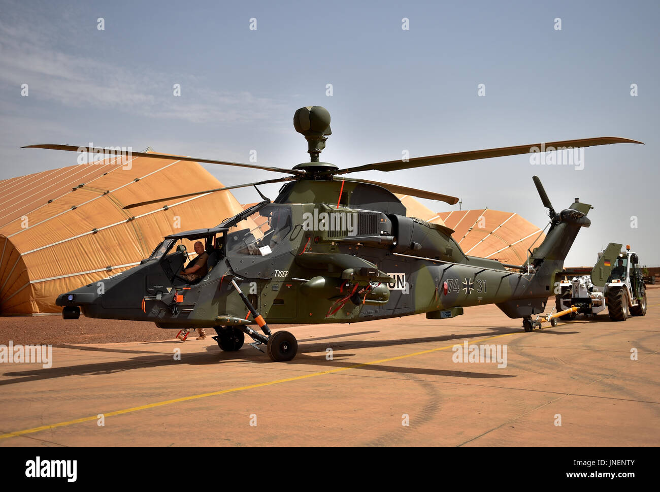 Gao, Mali. 30th July, 2017. A Tiger attack helicopter is brought out of ...