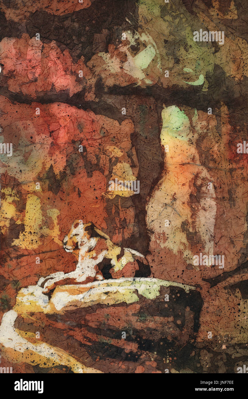 Fine art watercolor batik painting of lionesses lying on rock at the ...