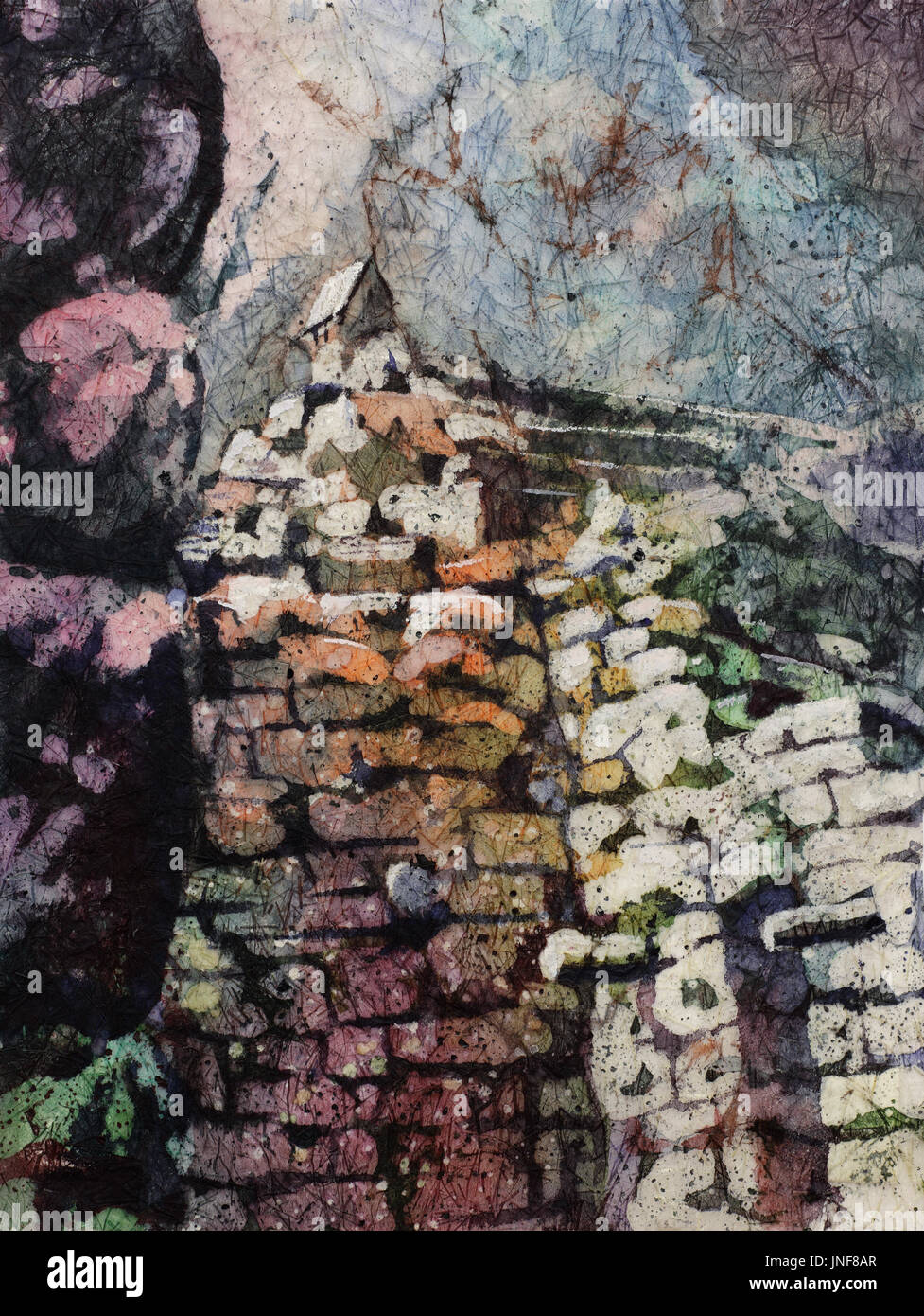 Fine art watercolor batik painting on rice paper of the Hut of the ...