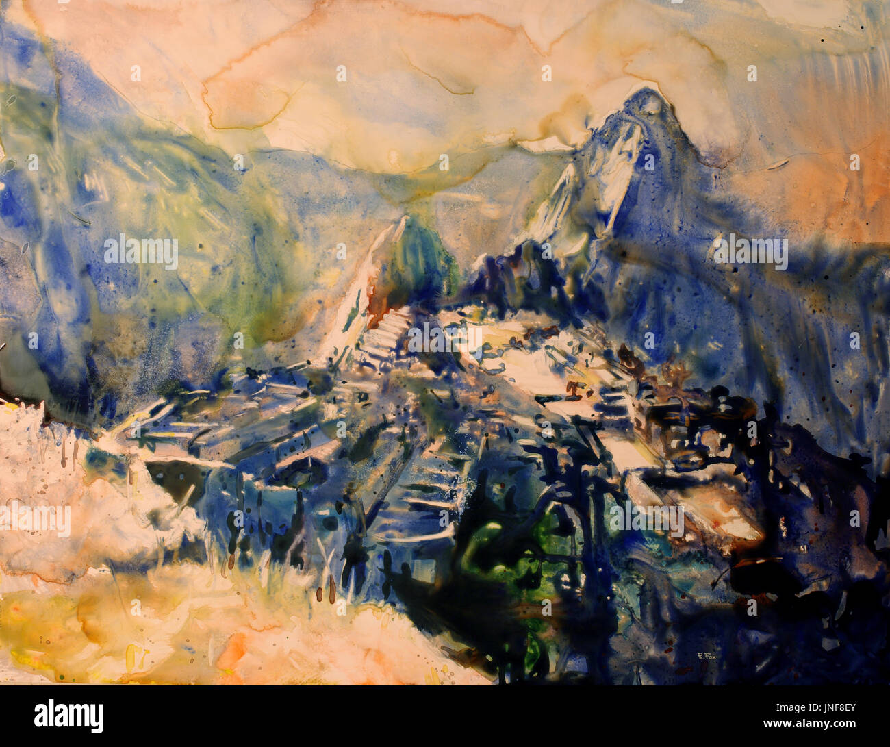 Watercolor painting of the Incan ruins of Machu Picchu at dawn in the ...