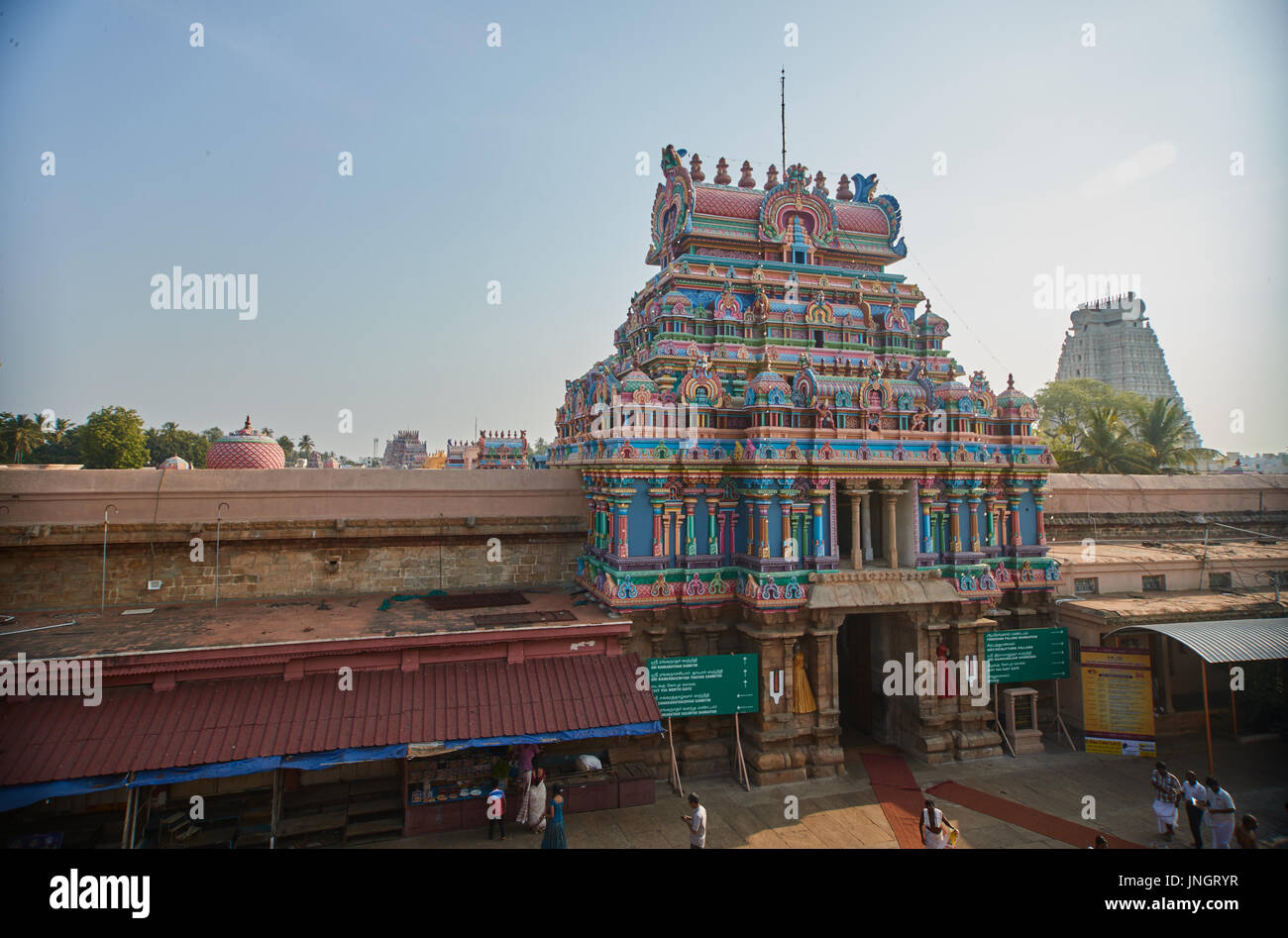 A South Indian Temple Gate or Gopuram, Sculptured columns of the Sri ...