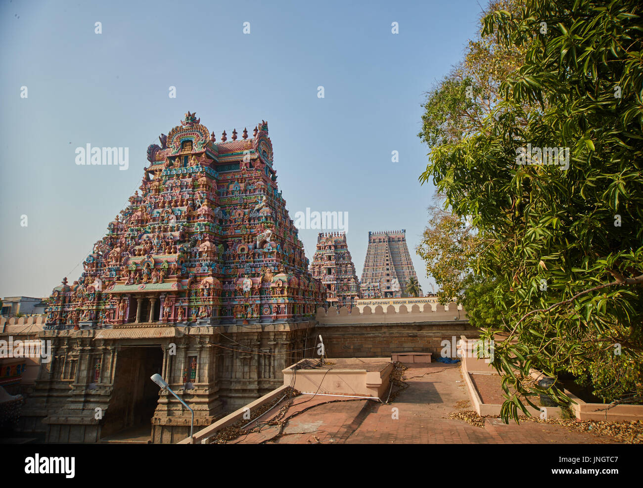A South Indian Temple Gate or Gopuram, Sculptured columns of the Sri ...