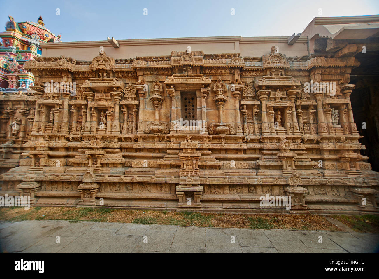 A South Indian Temple Gate or Gopuram, Sculptured columns of the Sri ...
