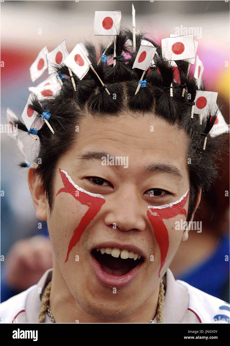 RIFU, Japan - A Japanese supporter sporting Japanese national flags in ...