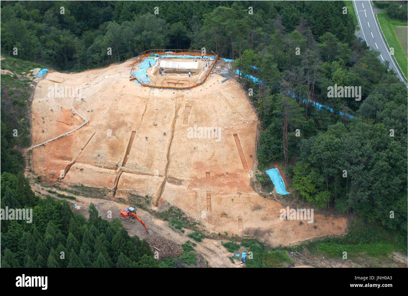 KOBE, Japan - Aerial photo shows an ancient tumulus, named Chasuriyama ...