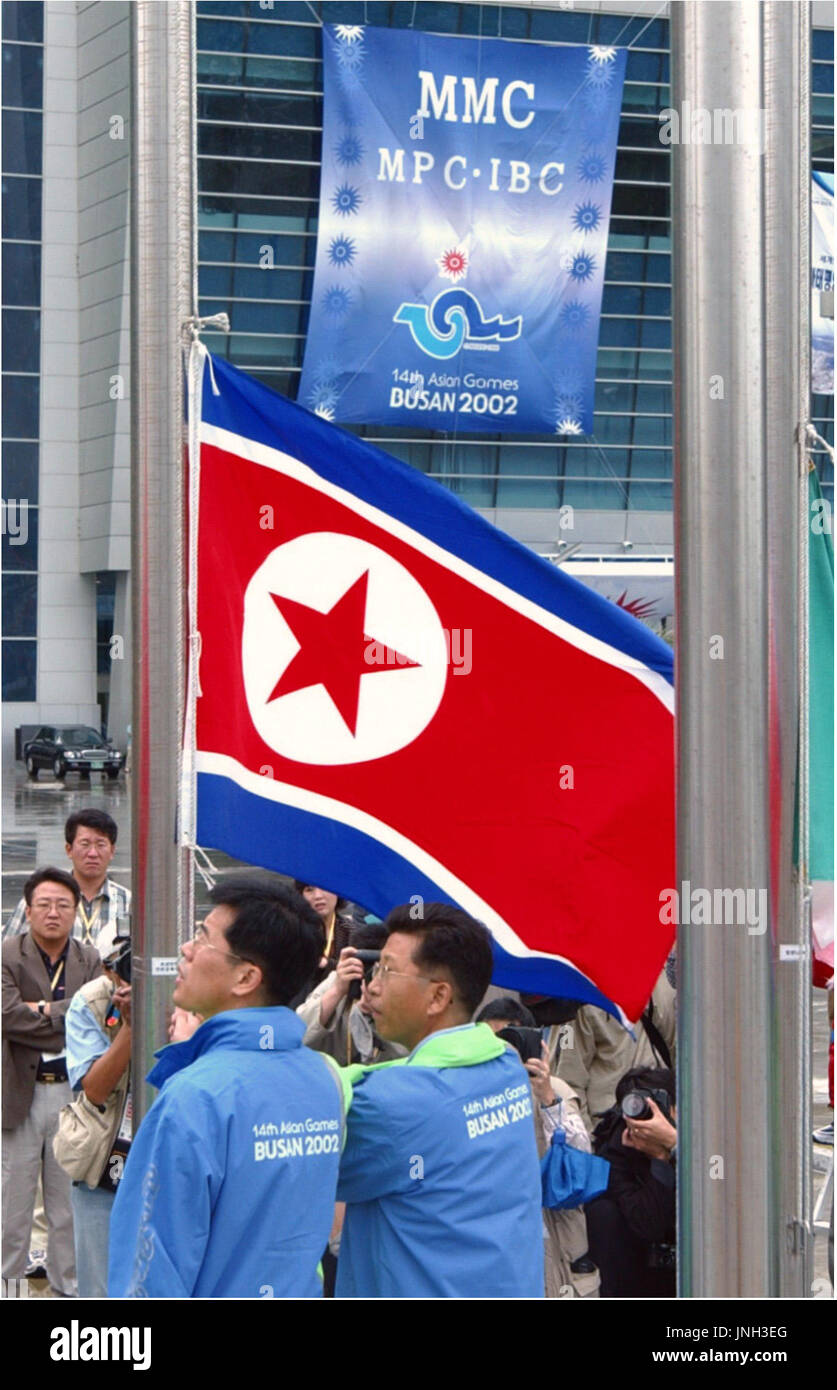 PUSAN, South Korea - A North Korean national flag is raised Sept. 16 in ...