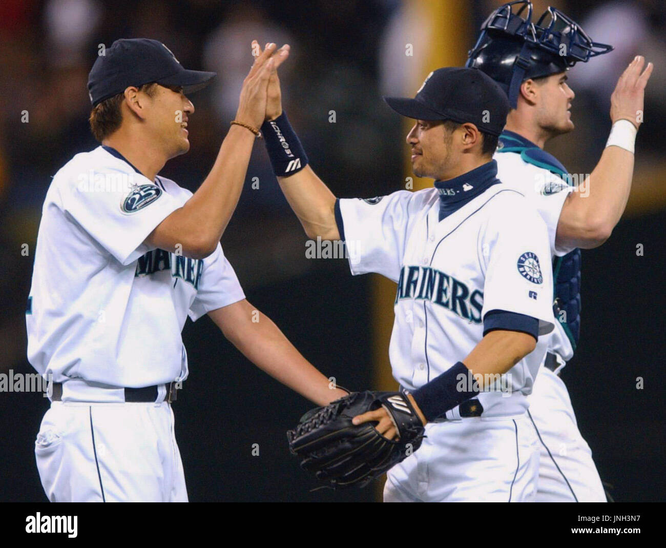 SEATTLE, United States - Ichiro Suzuki and Kazuhiro Sasaki celebrates ...